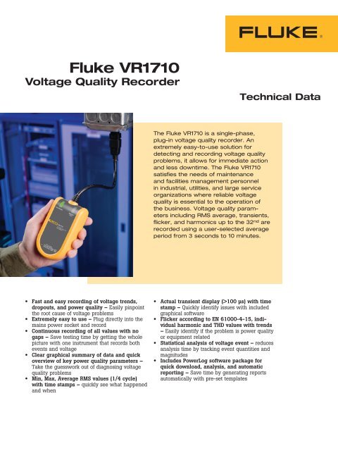 Fluke VR1710 Voltage Quality Recorder - Data Sheet