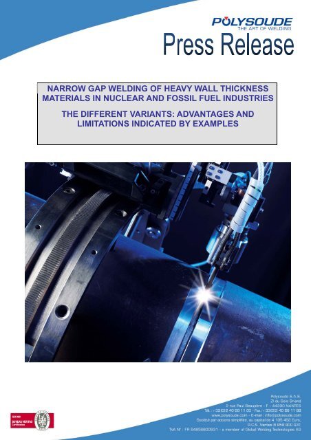 Narrow Gap welding of heavy wall thickness materials - Polysoude