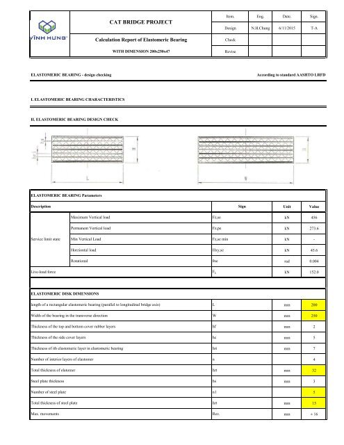 CAT BRIDGE PROJECT Calculation Report of Elastomeric Bearing