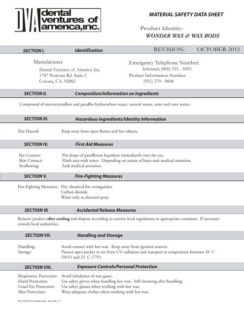 MATERIAL SAFETY DATA SHEET Product ... - Dental Ventures