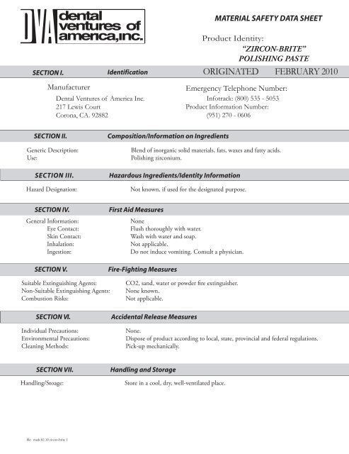 Material Safety Data Sheets - Dental Ventures