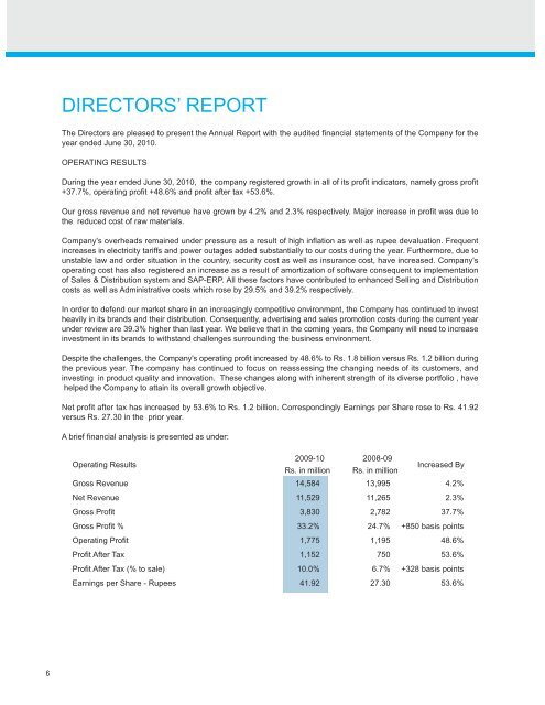 DIRECTORS' REPORT - Colgate Palmolive Pakistan