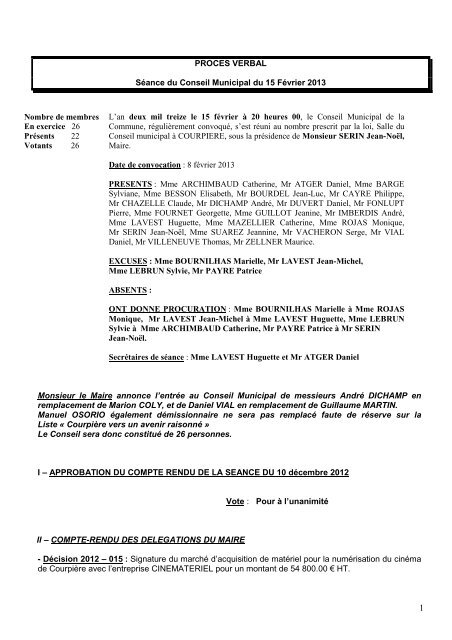Délibération au Conseil Municipal du lundi 25 mars 2013