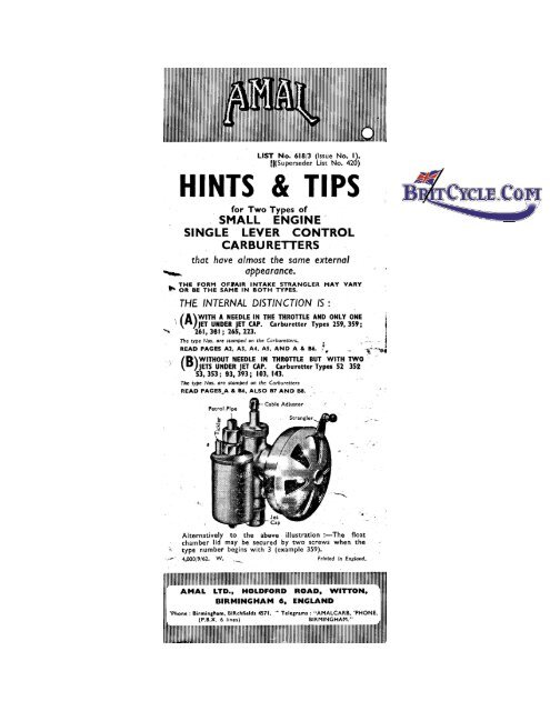 Amal Tuning Booklet for: 259, 359; 261, 361 - British Cycle Supply