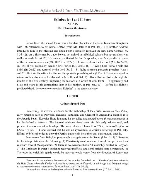 Syllabus for I and II Peter / Dr. Thomas M. Strouse - Bbc-cromwell.org