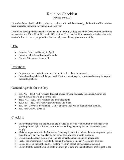 Reunion Checklist - Hiram A. McAdams