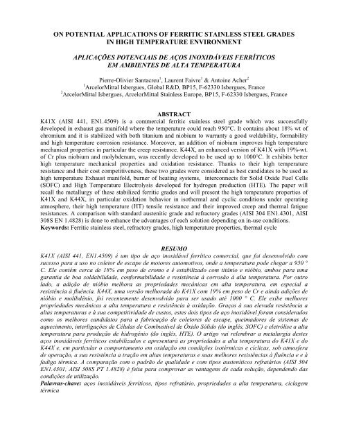 ON POTENTIAL APPLICATIONS OF FERRITIC STAINLESS STEEL ...