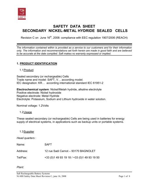 SAFT NiMH MSDS - MK Battery