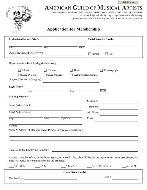 Membership Application Form - American Guild of Musical Artists