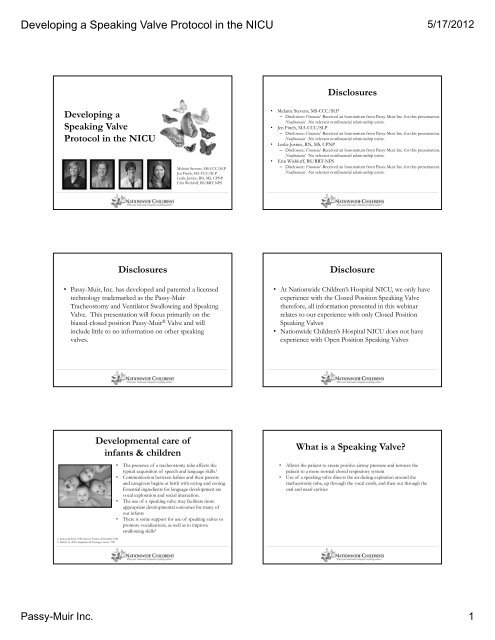 Developing a Speaking Valve Protocol in the NICU - Passy-Muir