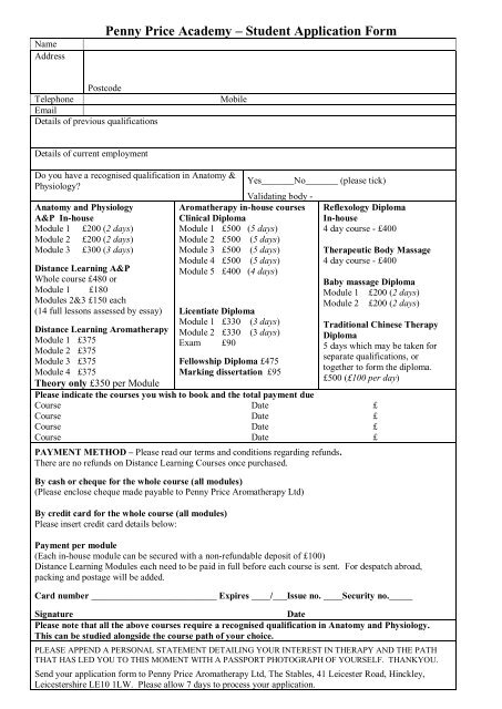 Student Application Form - Penny Price Aromatherapy