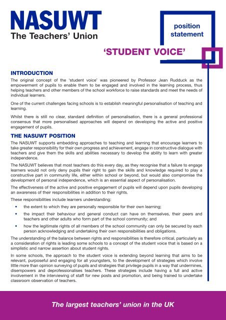 The Teachers' Union 'STUDENT VOICE' position statement - NASUWT