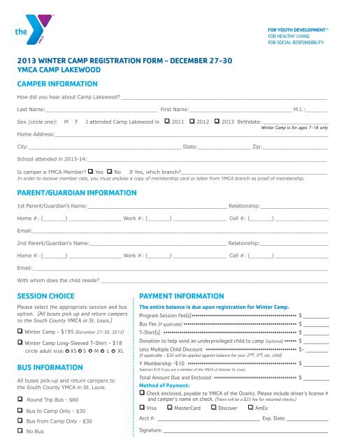 2013 WINTER camp REgIsTRaTIoN foRm - YMCA of the Ozarks