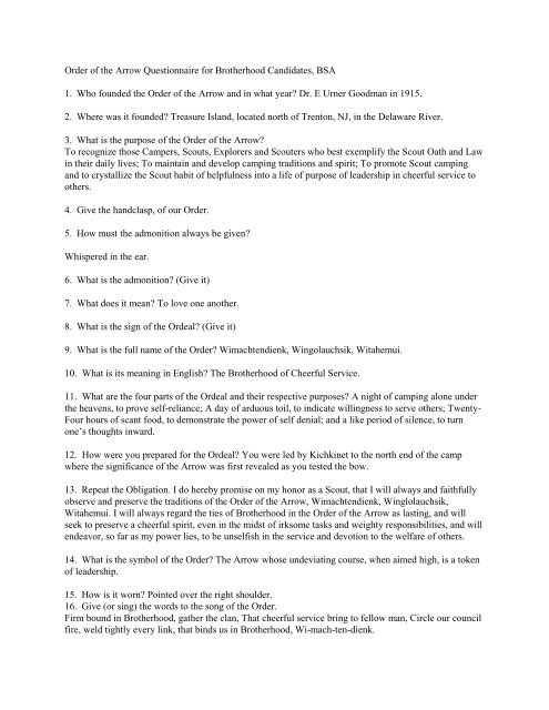 Order of the Arrow Questionnaire for Brotherhood Candidates, BSA
