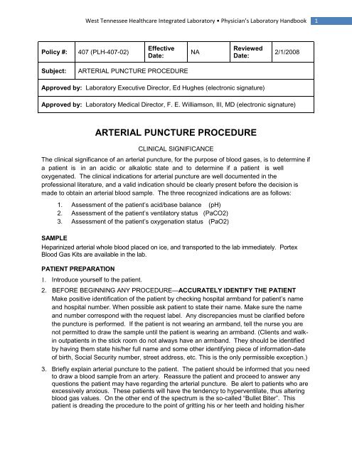 (407) Arterial Puncture Procedure - Medical Center Laboratory
