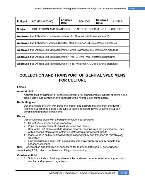 (603) Collection & Transport of Genital Specimens for Culture