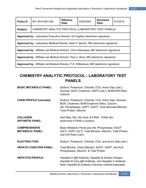 (801) Chemistry Analytic Protocol (Laboratory Test Panels)