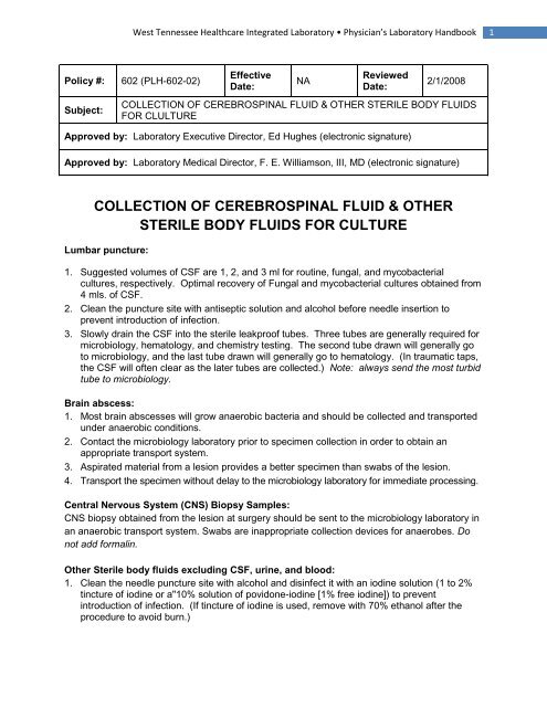 collection of cerebrospinal fluid & other sterile body fluids for culture
