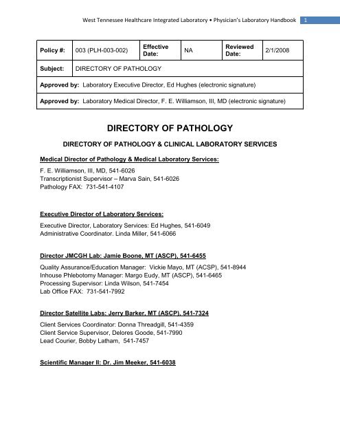 (003) Directory of Pathology - Medical Center Laboratory