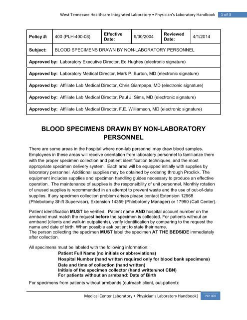 (400) Blood Specimens Drawn by Non-Laboratory Personnel