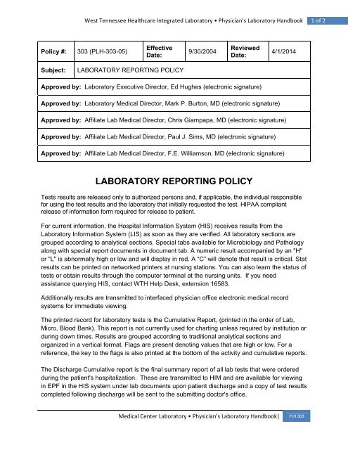 Policy #: - Medical Center Laboratory