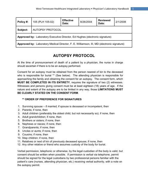 (105) Autopsy Protocol - Medical Center Laboratory