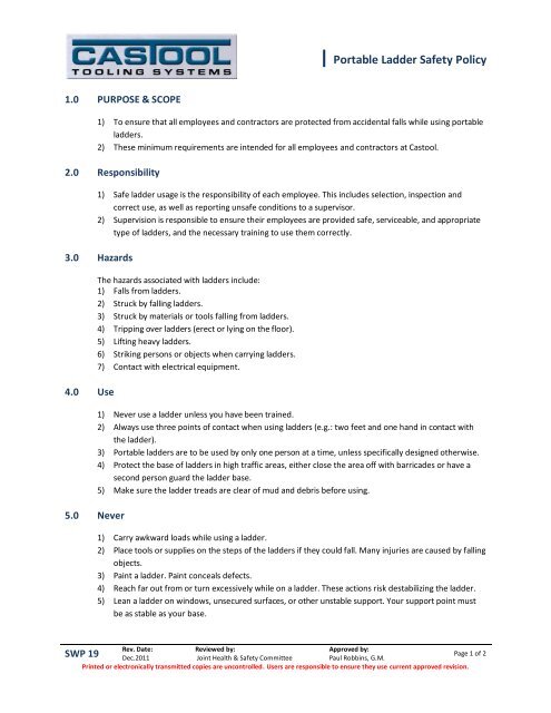 | Portable Ladder Safety Policy - Castool Tooling Systems