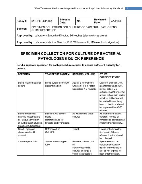 (611) Specimen Collection for Culture of Bacterial Pathogens