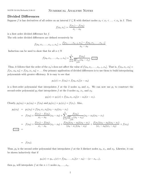 Numerical Analysis Notes Divided Differences - Southwestern