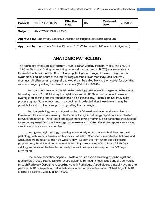 (100) Anatomic Pathology - Medical Center Laboratory