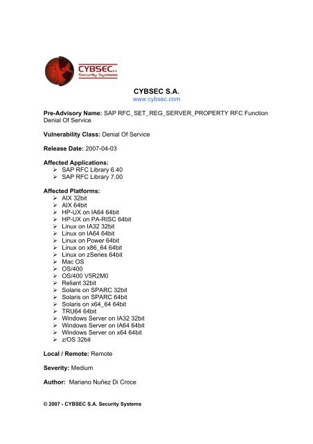 CYBSEC Security Advisory SAP RFC SET REG SERVER ...
