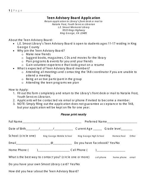 Teen Advisory Board Application - L.E. Smoot Memorial Library