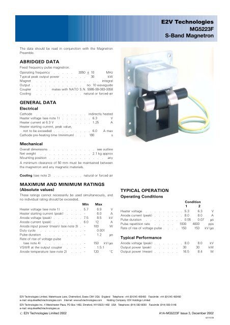 E2V Technologies MG5223F S-Band Magnetron - Furuno