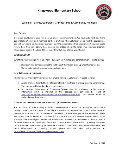 Lunch Monitor Volunteer Information - Kingswood Elementary School