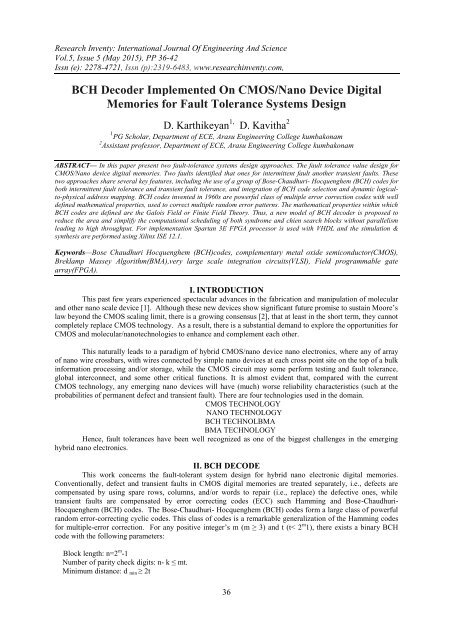 BCH Decoder Implemented On CMOS/Nano Device Digital Memories for Fault ...