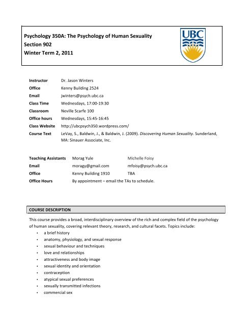 Psych 350A-902 Spring 2012 Course Outline - UBC Psychology 350A