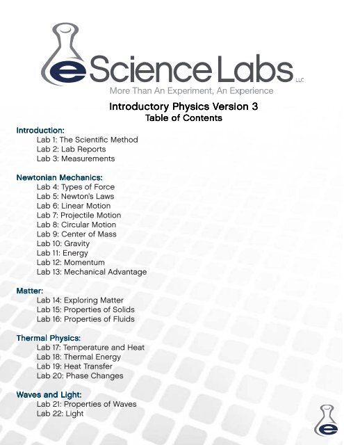 Physics Version 3 TOC - eScience Labs