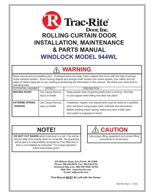 944WL Manual (pdf) - Trac Rite Door