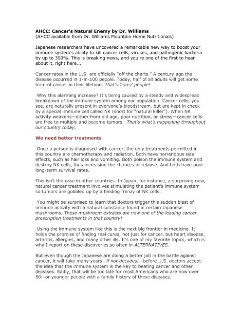 AHCC: Cancer's Natural Enemy by Dr. Williams ... - Earth Transitions