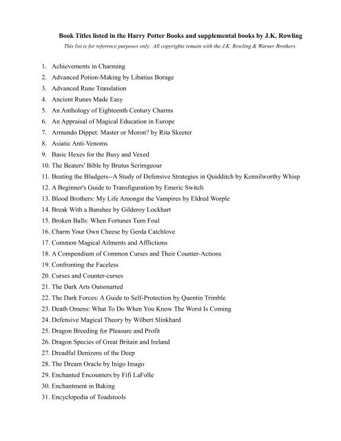 Harry Potter Hogwarts Book List