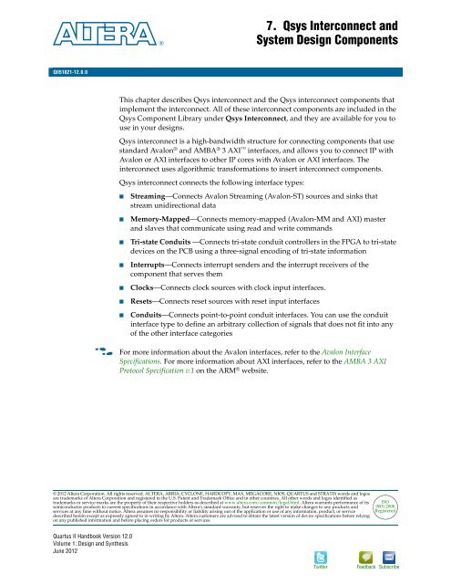 Qsys Interconnect and System Design Components, Quartus ... - Altera