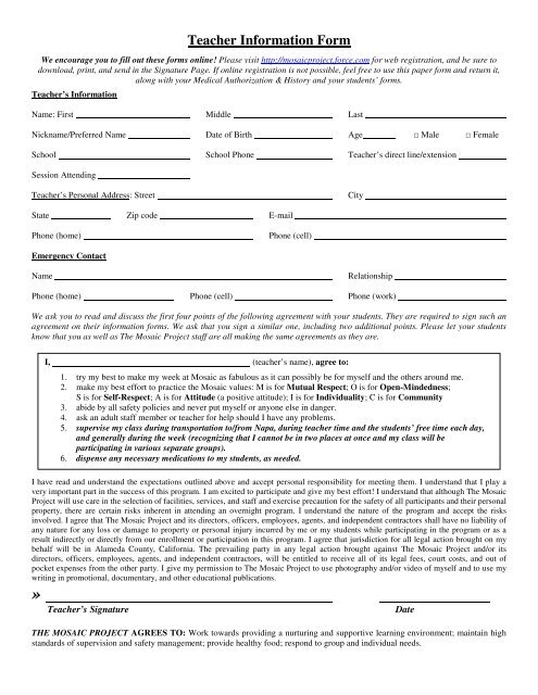 Teacher Information Form - The Mosaic Project