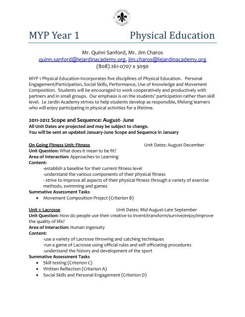 MYP Year 1 Physical Education - Le Jardin Academy