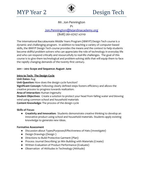 MYP Year 2 Design Tech - Le Jardin Academy