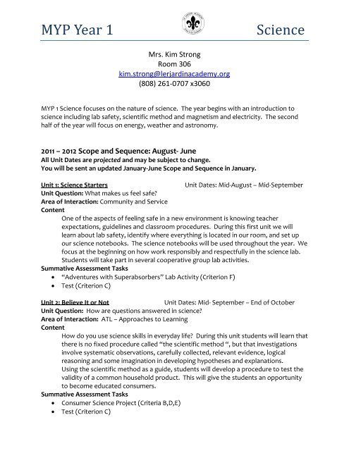 MYP Year 1 Science - Le Jardin Academy