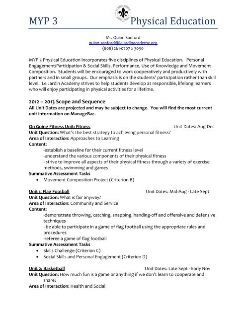 MYP 3 Physical Education - Le Jardin Academy