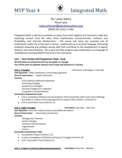 MYP Year 4 Integrated Math - Le Jardin Academy