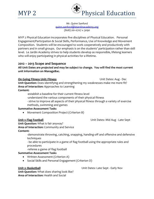 MYP 2 Physical Education - Le Jardin Academy