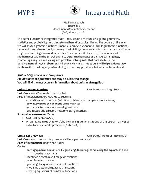 MYP 5 Integrated Math - Le Jardin Academy