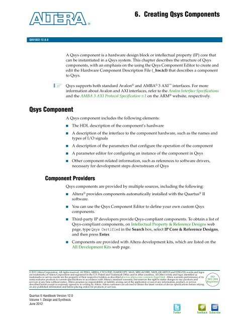 Creating Qsys Components, Quartus II 12.0 Handbook ... - Altera